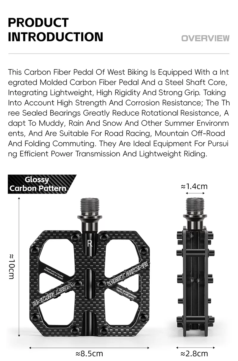 WEST BIKING 3 Bearing Carbon Fiber Lightweight Anti-Slip Bicycle Pedals ...