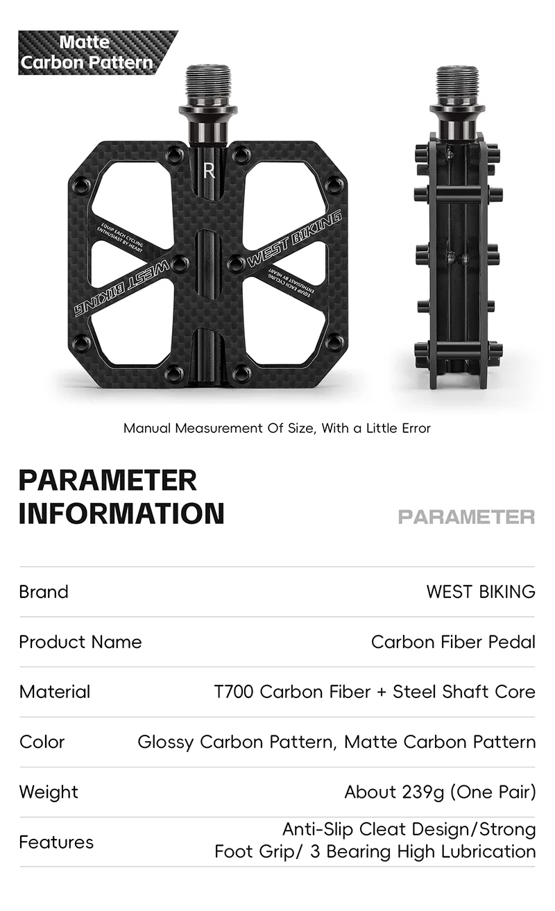 WEST BIKING 3 Bearing Carbon Fiber Lightweight Anti-Slip Bicycle Pedals ...