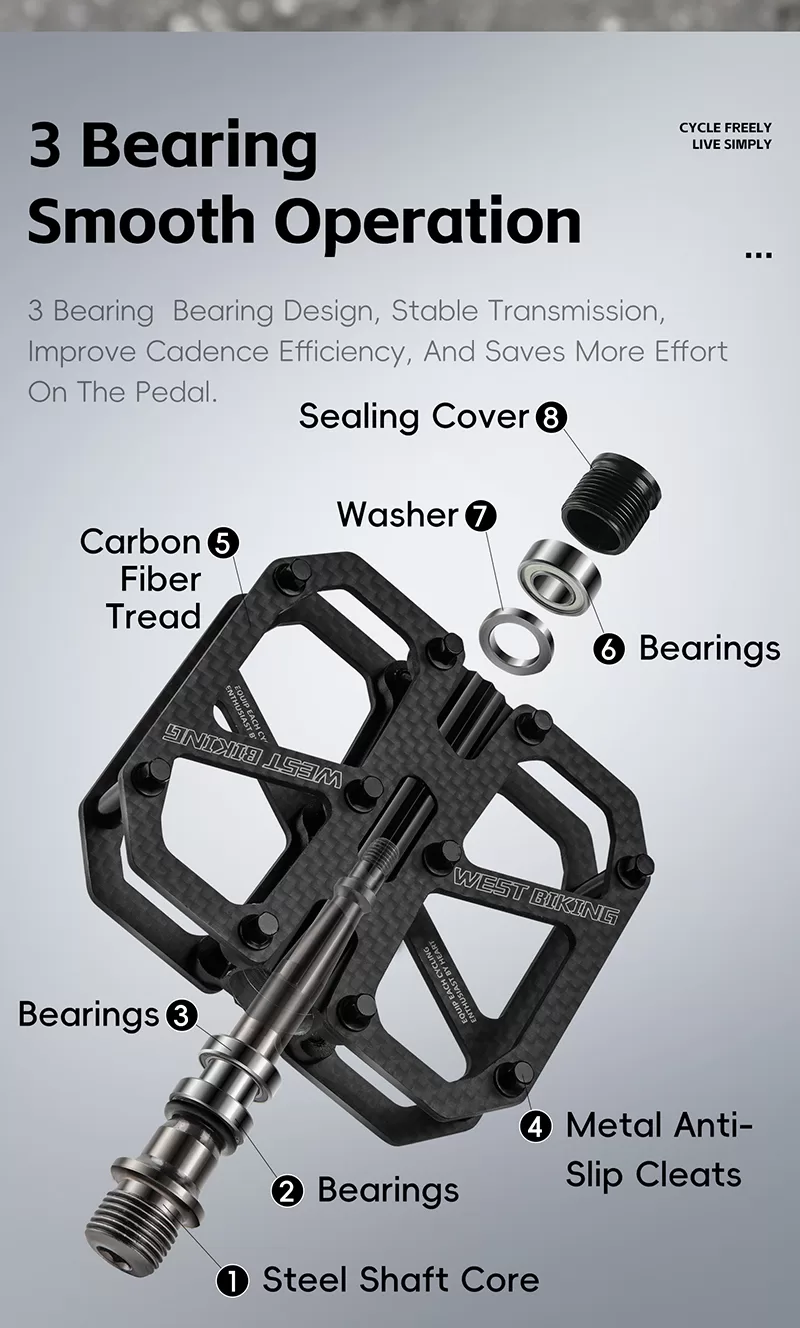 WEST BIKING 3 Bearing Carbon Fiber Lightweight Anti-Slip Bicycle Pedals ...