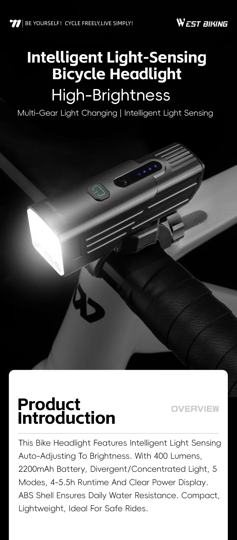 WEST BIKING Smart Sensing Bike Headlight - BeaverBike