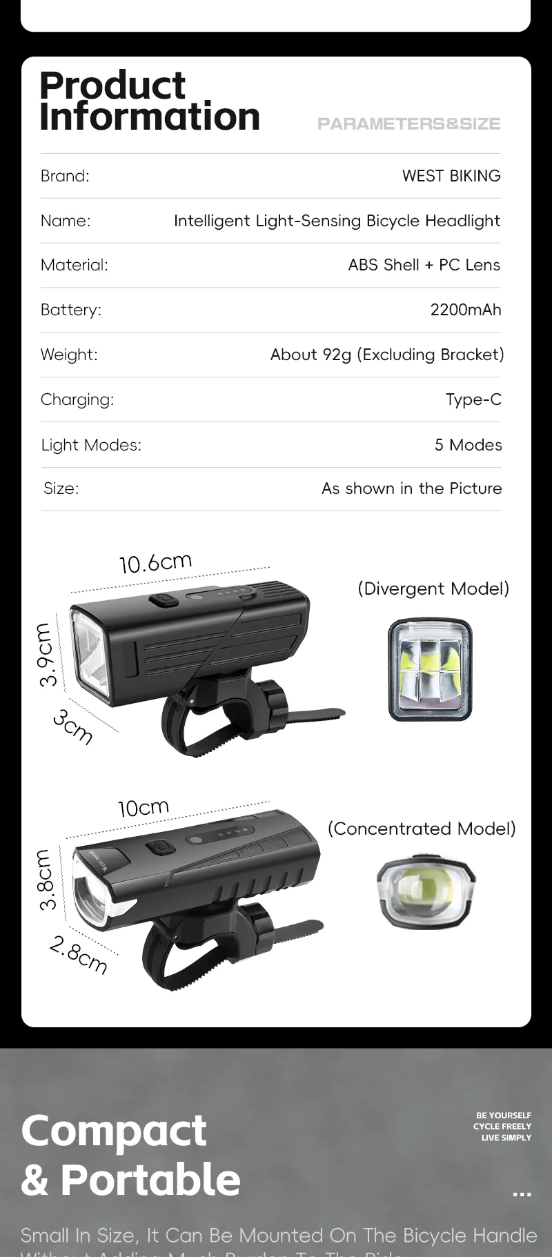 WEST BIKING Smart Sensing Bike Headlight - BeaverBike